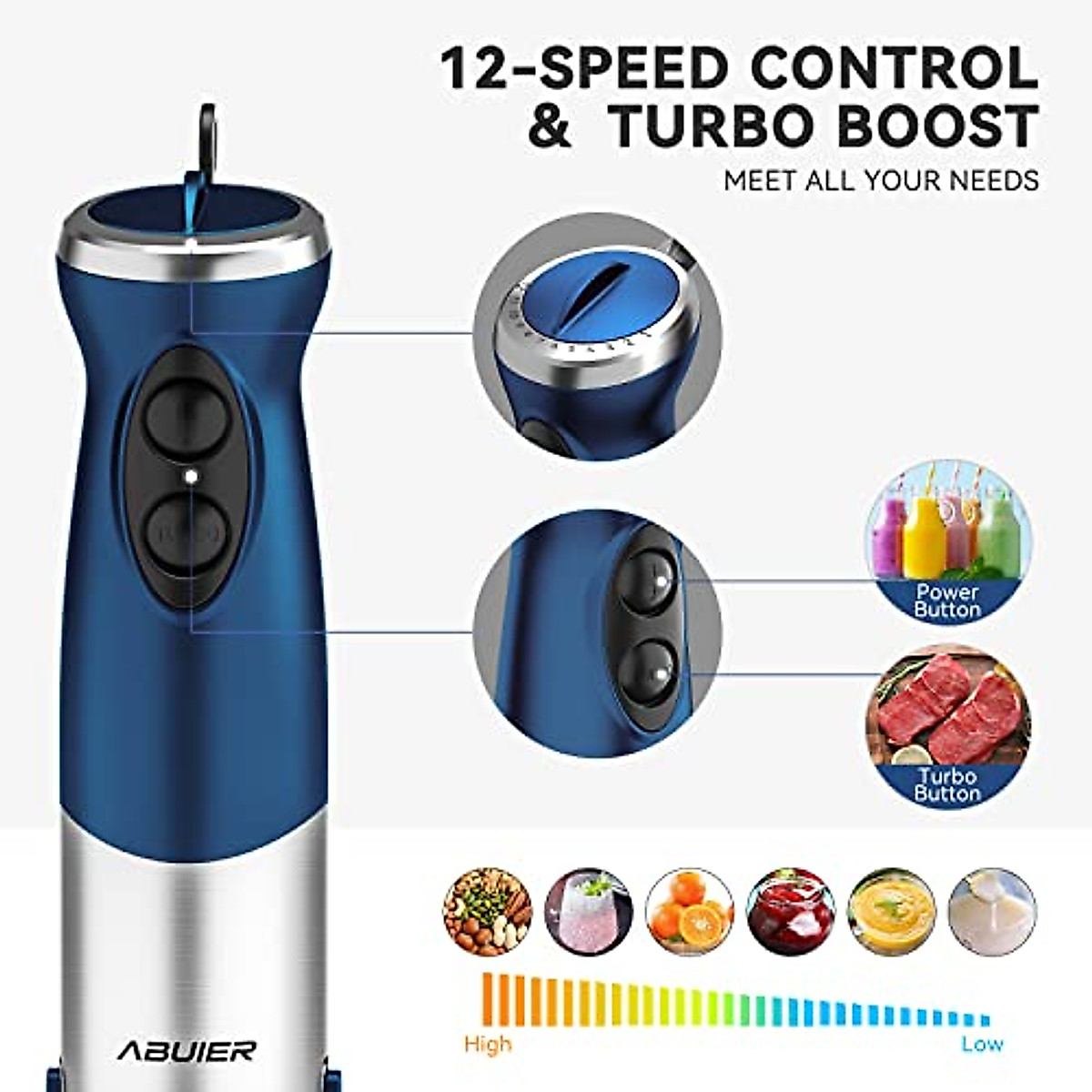 Immersion Blender Hand Blender, Abuler 800W Hand Mixer Stick, 5-in-1, 12 Speed BPA-Free Stick Blender 304 Stainless Steel, Chopper, Whisk, Milk Frother, Beaker, Smoothies, Milkshake, Purée Baby Food, Sauce, Dips, Mayo