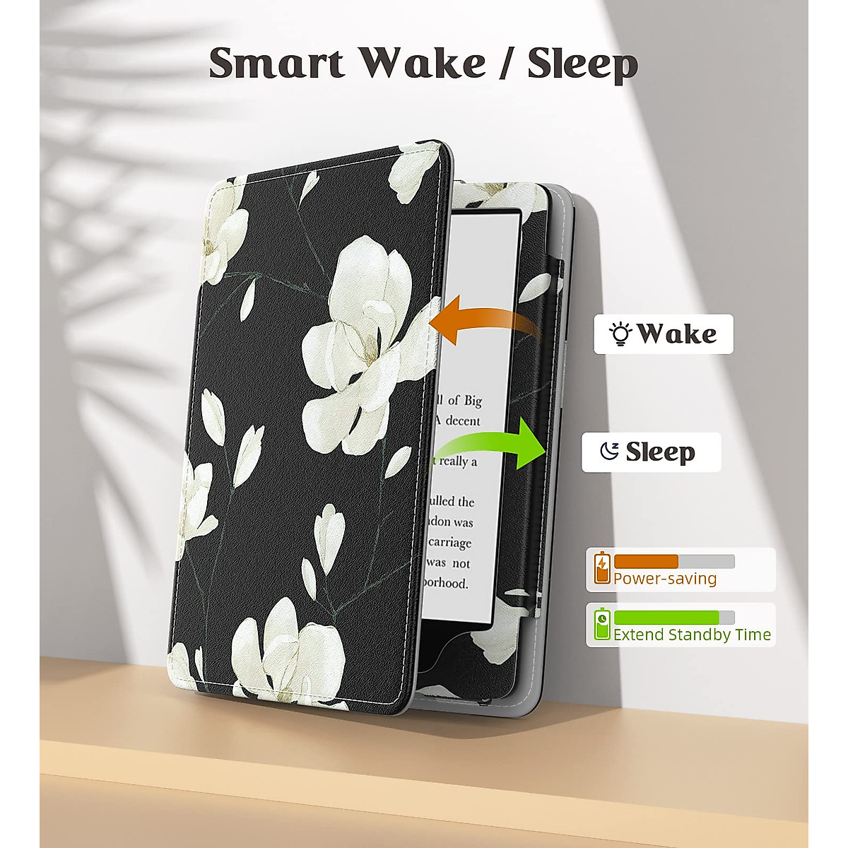 MoKo Case for 6.8" Kindle Paperwhite (11th Gen 2021) and Kindle Paperwhite Signature Edition, Slim PU Shell Cover Case with Auto-Wake/Sleep for Kindle Paperwhite 2021 E-Reader, Black & White Magnolia