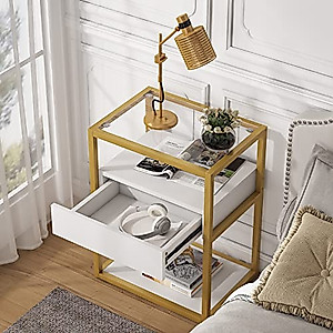 Tribesigns Nightstand Tall Side Table, Modern Simple Style End Table with Drawer and Shelf, Tempered Glass Bedside Table, Metal Frame, 19.6”X15.7”X27.5” (1PC, Gold and White)