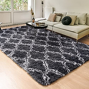 Unirea Shag Area Rug Modern Indoor Plush Fluffy Rugs, Super Soft and Fuzzy Carpet, Geometric Moroccan Rugs for Bedroom Living Room Girls Kids Nursery, 4x6 Feet Dark Grey/White