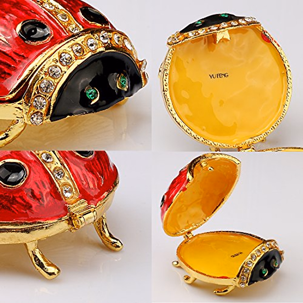 YU FENG Ladybug Figurine Trinket Box Hinged Crystals Jeweled Small Cute Animal Jewelry Boxes Collectible