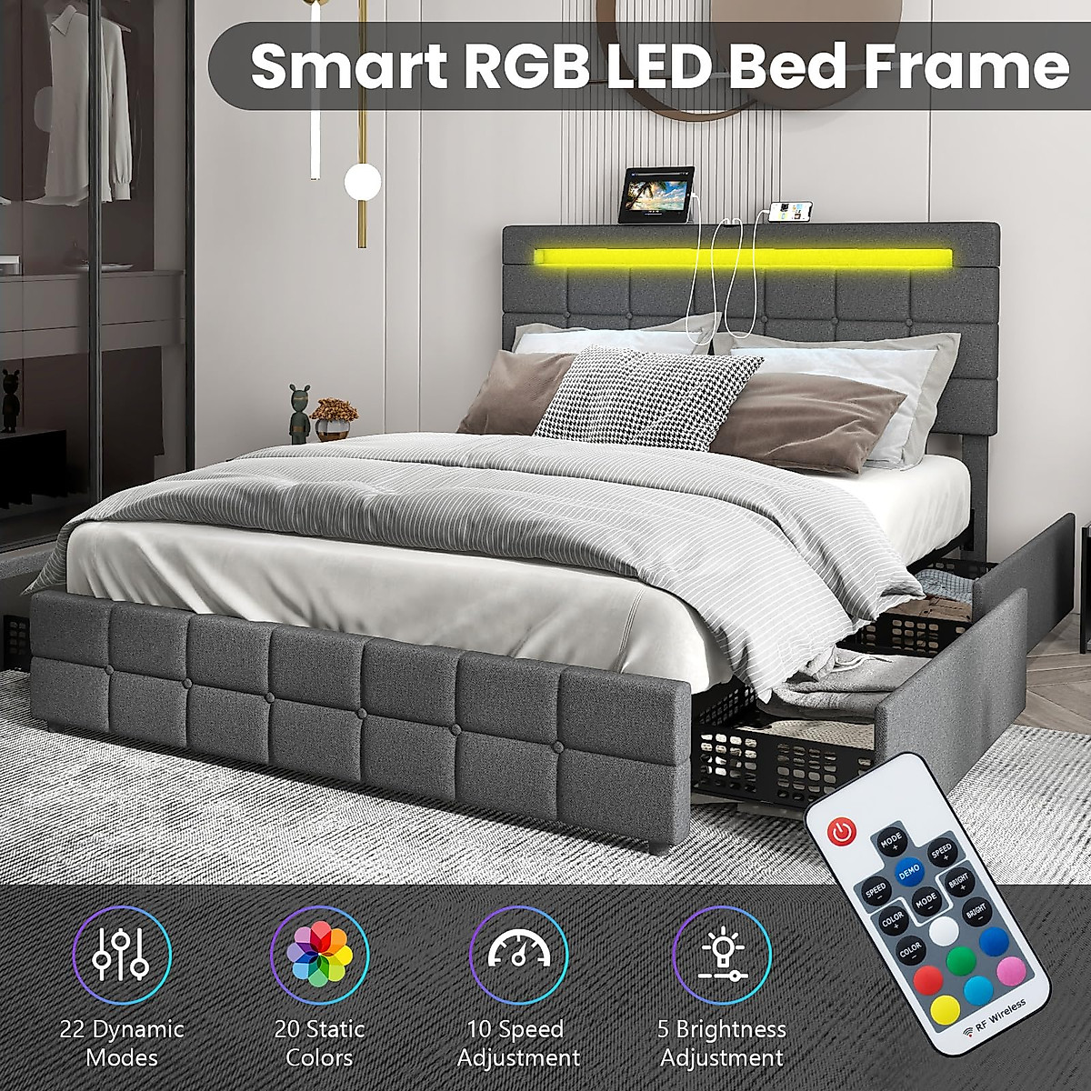 KOMFOTT Queen Bed Frame with Charging Station & LED Lights, Upholstered Platform Bed Frame with Adjustable Headboard & 4 Storage Drawers, Solid Wooden Slats Support, No Box Spring Needed, Noise Free