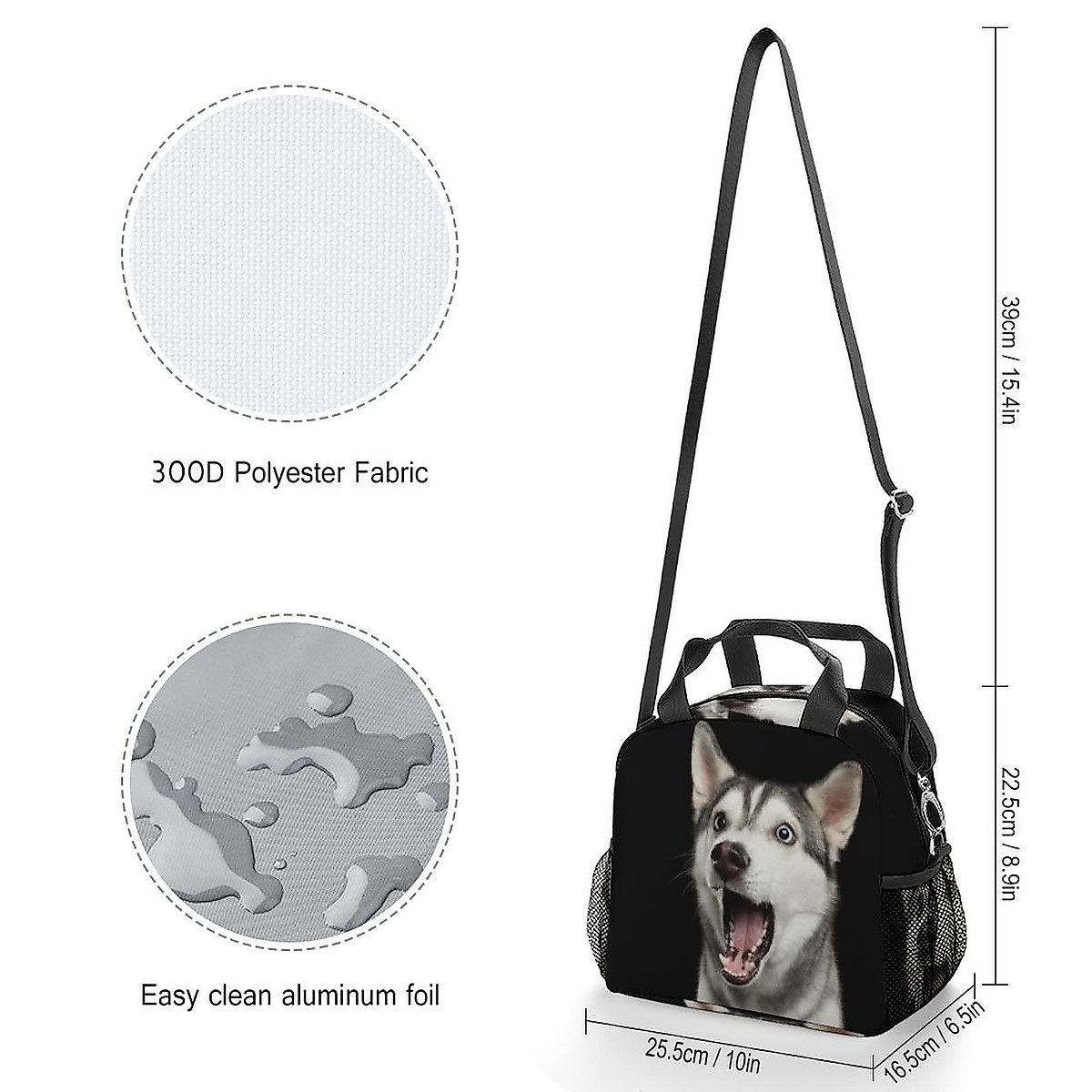 Lunch Box Women Boys Girls Funny Husky Dog Lunch Bag Insulated Thermos Tote with Water Bottle Holder & Removable Shoulder Strap for Back to School Travel Work