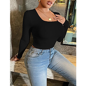 Ekouaer Womens Long Sleeve Tops Thermal Square Neck Shirt Basic Cotton Base Layer Stretchy T Shirt (Black, L)