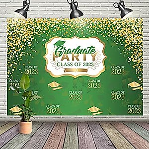 7x5ft Green Graduate Party Backdrop Class of 2023 Graduation Congratulations Background Gold Dots Caps Prom Photography for Senior Year Graduation Party Decoration Banner Supplies