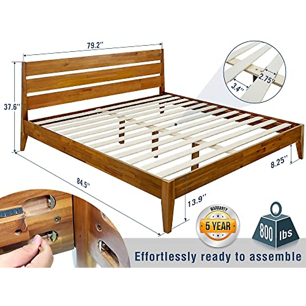 Acacia Emery Bed Frame with Headboard Solid Wood Platform Bed, Bed Frame King, Scandinavian Signature Wood Bed Compatible with All Mattresses, Non-Slip and Noise-Free, Caramel