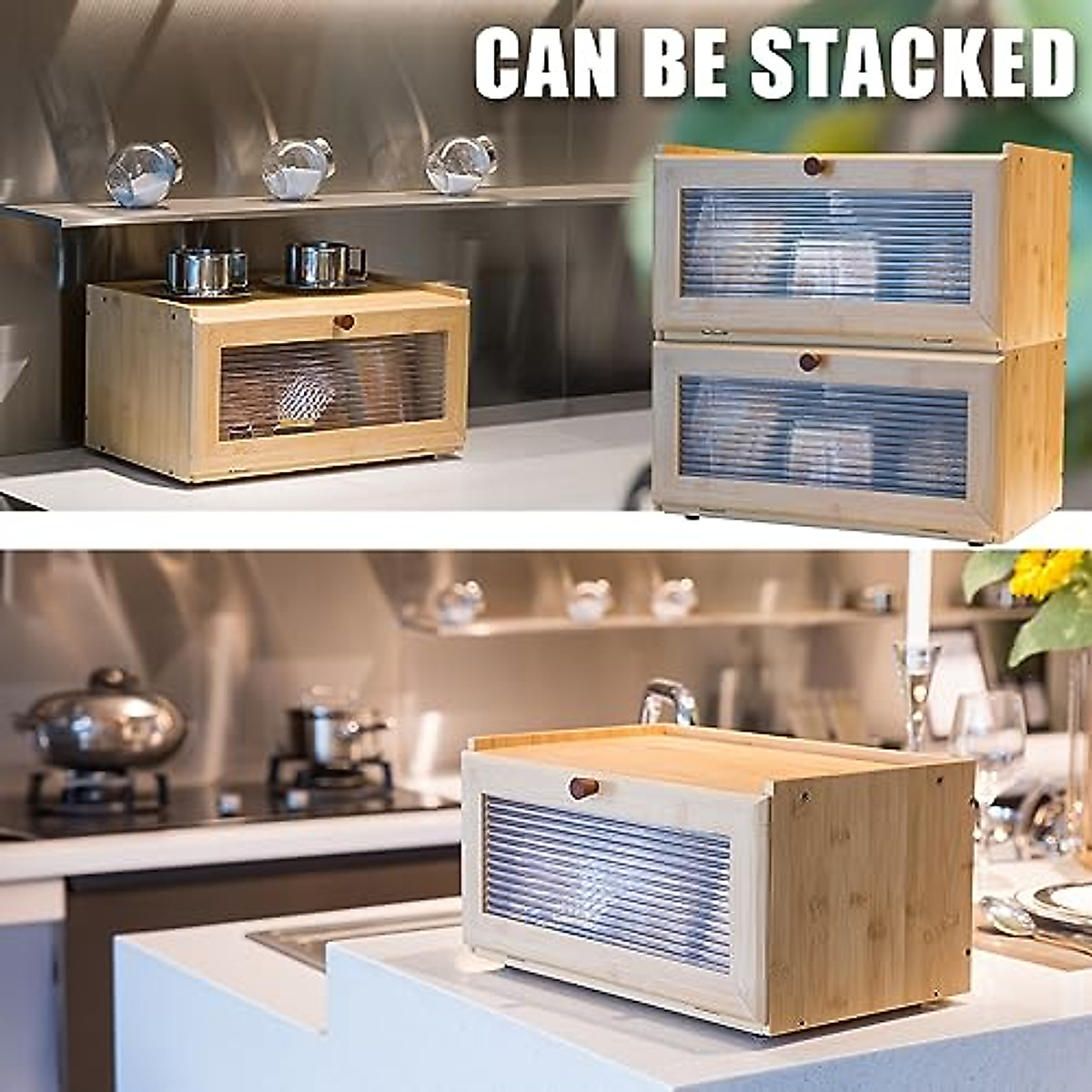 ETMI Bamboo Bread Box for Kitchen Countertop-Large breadbox Wooden Clear Bread Box with Window Bread Holder