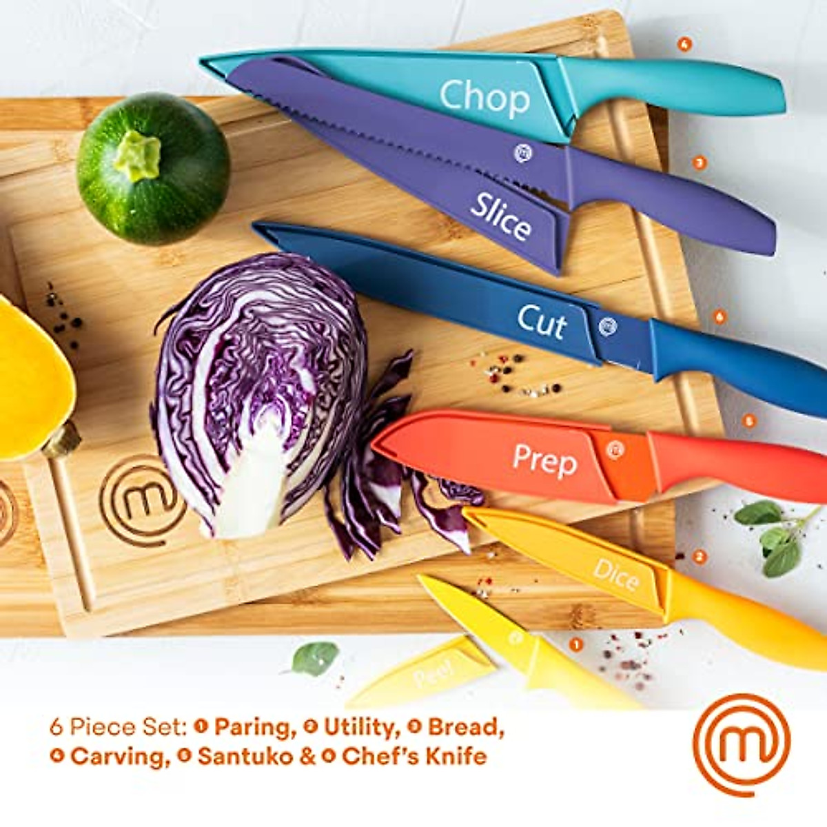 MasterChef Kitchen Knives Set with Covers incl. Paring, Boning, Carving, Bread, Santoku & Chef Knife, Sharp Cutting Stainless Steel Blades with Sheaths, 12 Piece (6 Colored Knives & 6 Covers)
