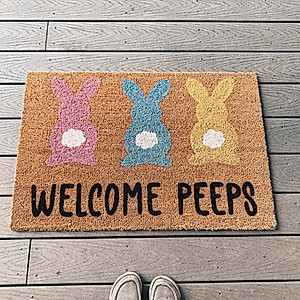 Easter Day Coir Door Mat Outdoor Your Name Est Bunny Happy Absorbent 23×16Inch Low-Profile Indoor Floormats Muddy