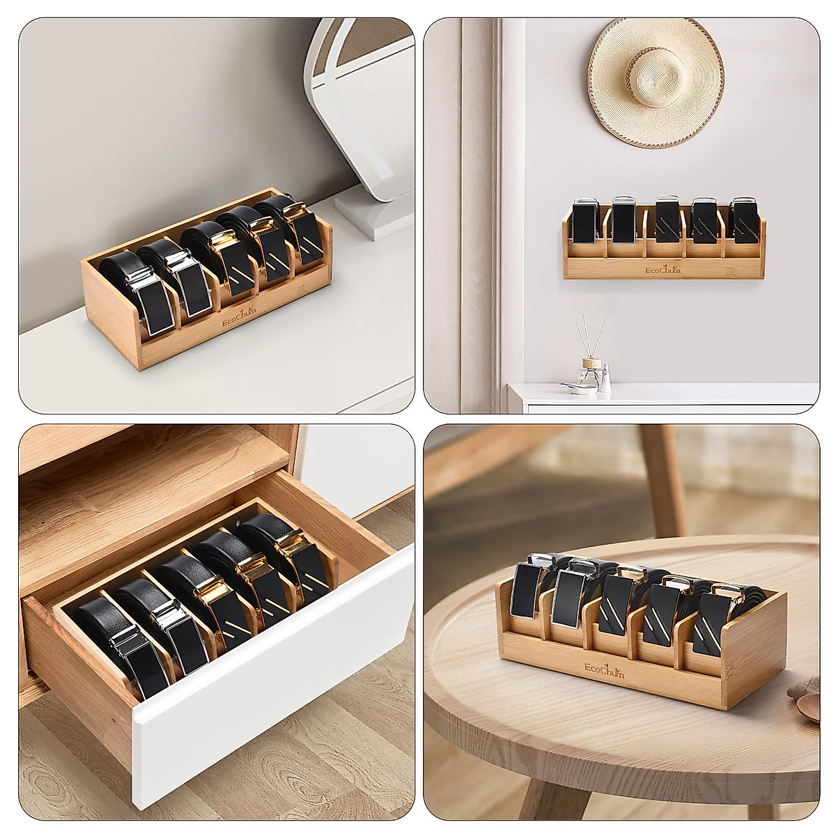 EcoChum Bamboo Belt Organizer Box - Storage Grid to Display 5 Belts - Belt Organizer for Closet and Drawer Organizers, Mount Rack for Wall - Belt Holder for Men and Women (Natural Bamboo)