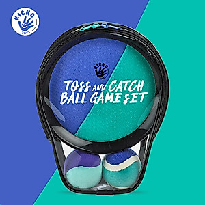 Kicko Toss and Catch Ball Game - 1 Set - Purple and Teal - Paddle Balls with Catcher Mitts, Hard and Soft Tennis Balls, and Travel Case - for Kids Indoor or Outdoor Team Sports, Backyard or Beach