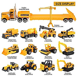 Oriate Construction Car Toys for Kids, Die Cast Construction Vehicles Toy Set Educational Mini Flatbed Trailer Excavator Bulldozer Forklift Trucks Road Signs, Birthday Gift Toys