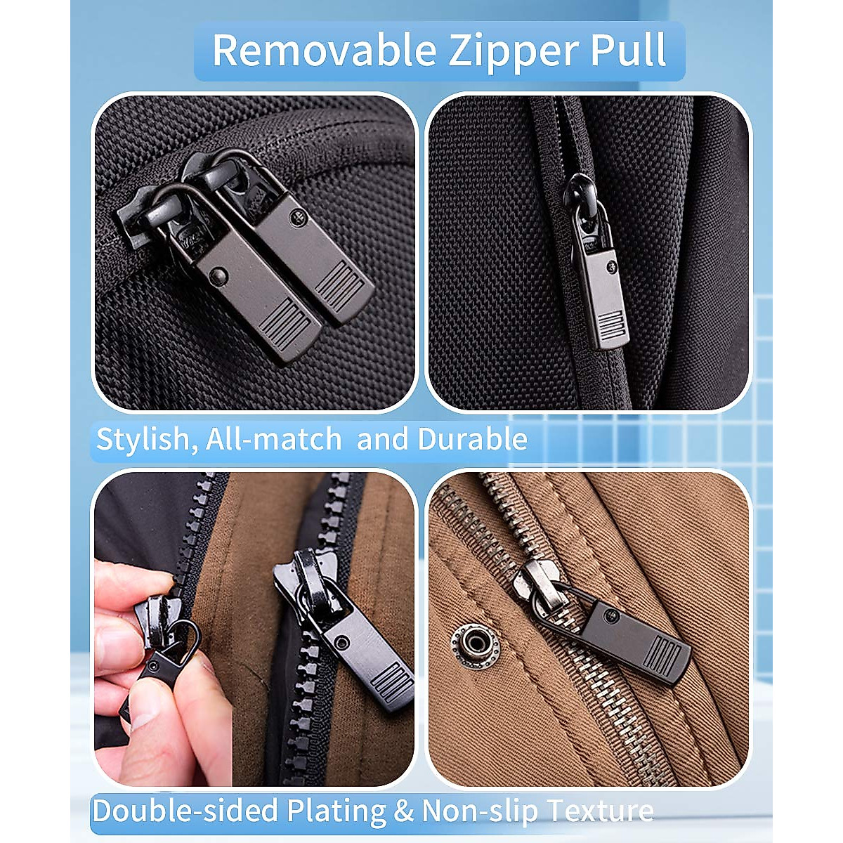 Zipper Pull, Universal Zipper Pull Replacement Kit, Removable Zipper Pulls Tab Replacement (20 Pcs), Black Zipper Pulls for Jackets, Luggage, Backpacks, Purses, Boots, Pants, Tents, (3 Styles 4 Sizes)
