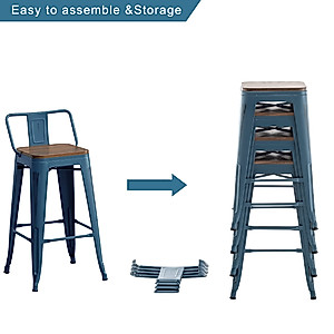 Andeworld Bar Stools Set of 4 Counter Height Stools Industrial Metal Barstools with Wooden Seats(24 Inch, Distressed Navy)