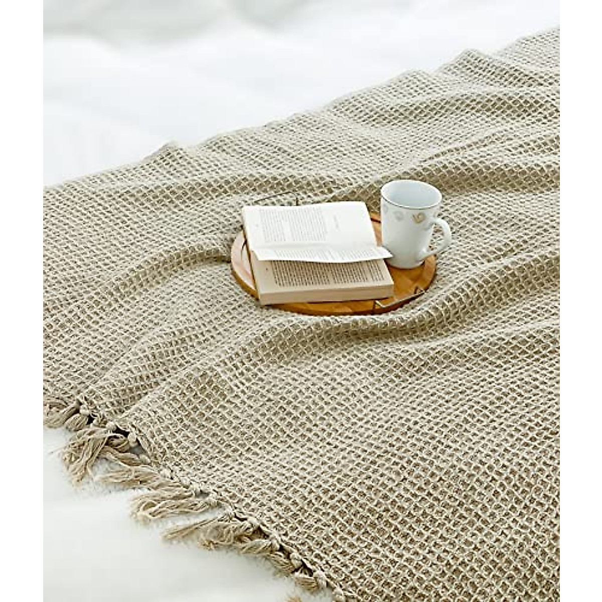 Chardin home Stonewash Beige Waffle Weave Throw, 50x60 Inch 100% Cotton- Large, Wearable, Breathable, Skin-Friendly & Cozy Everyday use Blanket for Couch, Bed, Sofa - Soft & Lightweight Picnic Throw