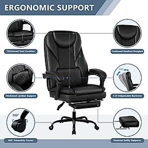Guessky Executive Office Chair, Big and Tall Office Chair with Foot Rest Reclining Leather Chair, High Back Ergonomic Home Office Desk Chair(Black)