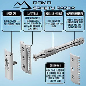 Raka Long Handle Double Edge Safety Razor for Men With Extra Free Open Comb - Twist to Razors, Along 10 stainless Steel Blades better shaving experience, silver, 12 Piece Set