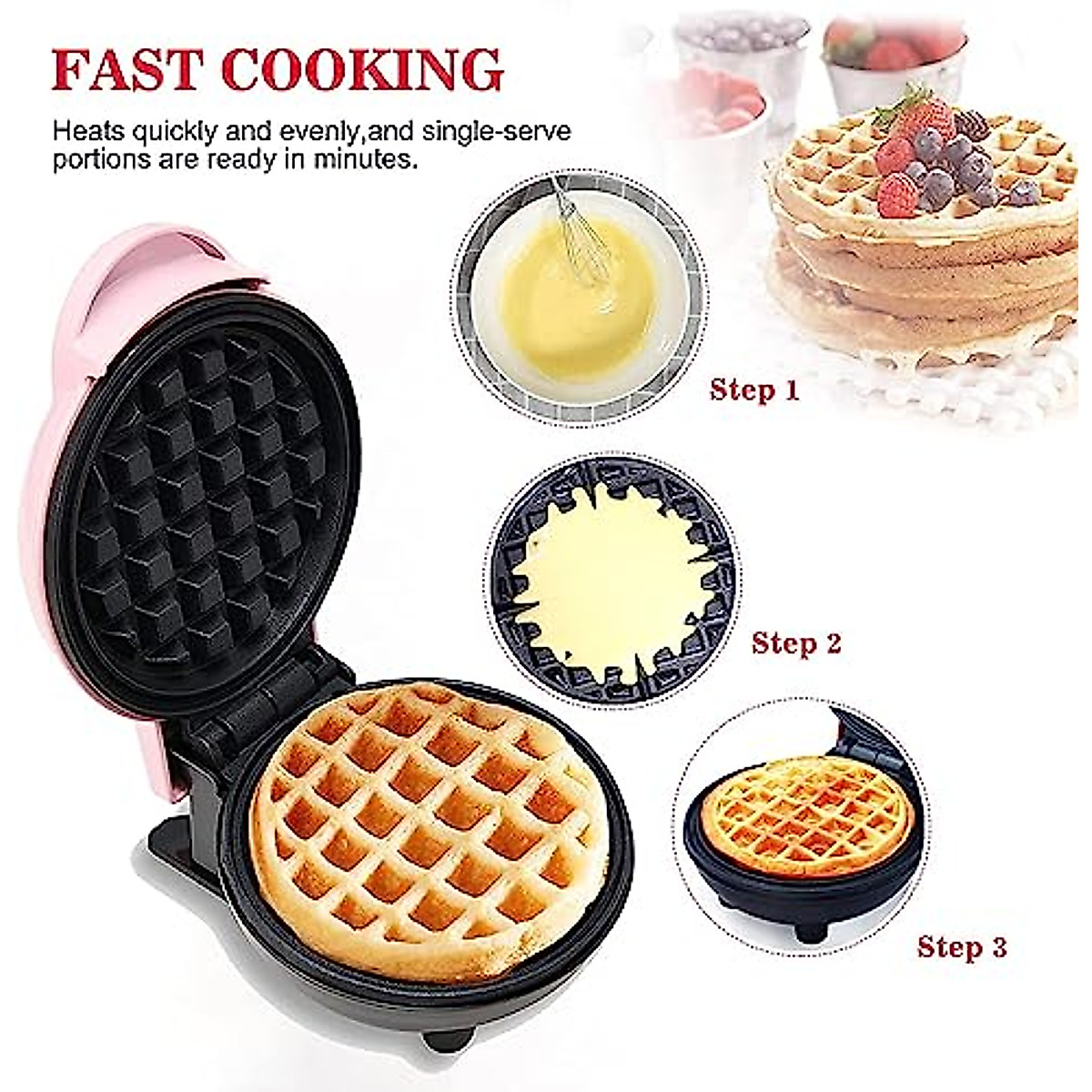 Mini Maker Waffle Maker 5“ Non-Stick Waffler Iron Stuffler Stuffed Wafflera Adjustable Browning Control, Heart, Pink