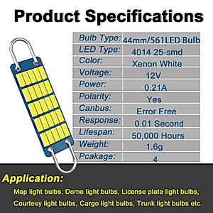Anourney 561 Led Bulb,Super Bright White 4014 Chips Latest 44mm Rigid Loop 1.73in Festoon bulbs,Replacement for Car Interior Map Dome Courtesy Lights,561 562 567 Led Bulbs(Pack of 4)