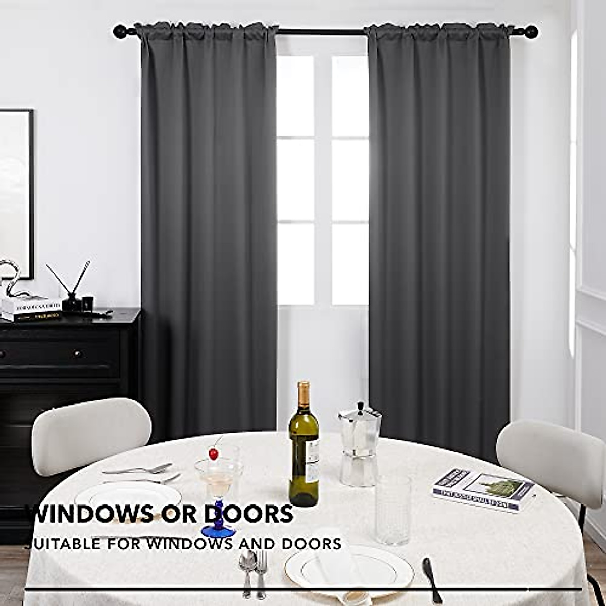Deconovo Blackout Curtains Panels for Bedroom, Energy Saving Rod Pocket Living Room Curtains, Grey Black Out Curtains 63 Inch Long 2 Panels Burg - 42W x 63L Inch, Dark Grey,
