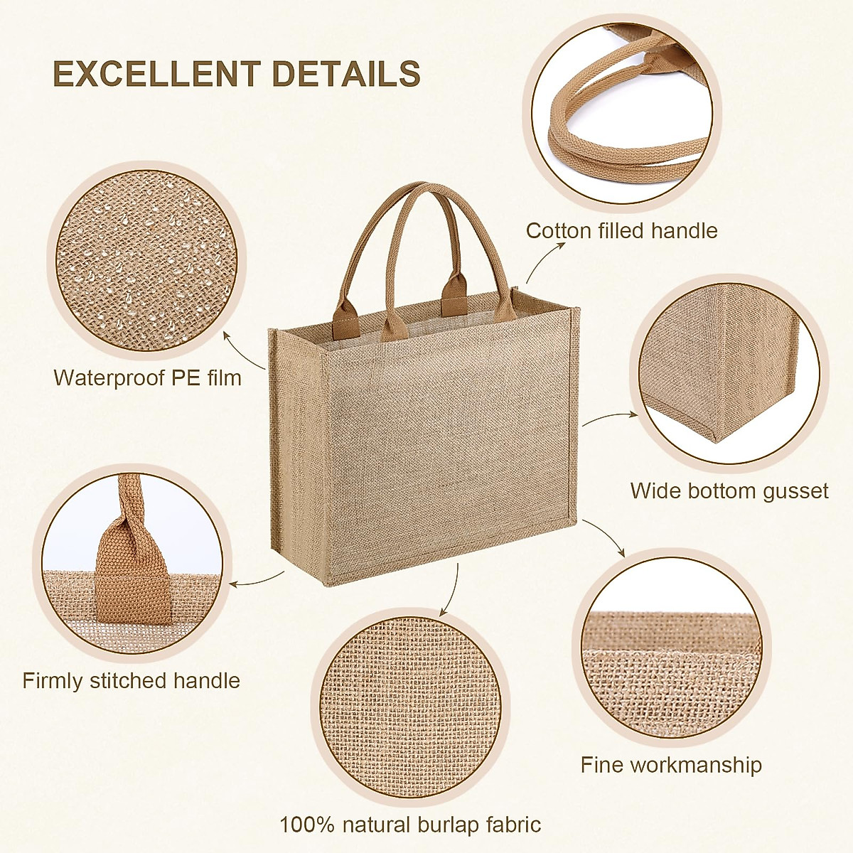 10 Pack Burlap Tote Bags Reusable Jute Bags with Handles Blank Burlap Tote Large Jute tote 15.1X11.8X5.5Inch Burlap Gift Bags for Grocery Shopping Wedding Travel Bachelorette Party Embroidery DIY Art