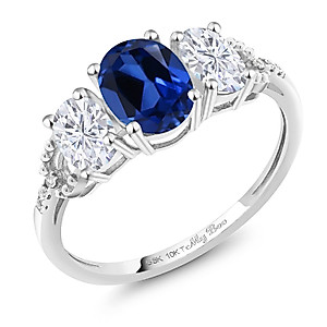 Gem Stone King 10K White Gold Customized and Personalized 3 Oval Gemstone Birthstone and White Diamond Accent Engagement Ring For Women (Size 9)