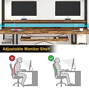 55" Computer Desk with Power Outlet & USB Ports, Reversible Desk with Hutch Shelves Keyboard Tray Monitor Shelf, Home Office Desk Gaming Desk, Study Writing Workstation, Easy Assembly, Rustic Brown