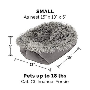 Furhaven Self-Warming Cat Bed for Indoor Cats, 4-Beds-in-1 & Washable - Plush Long Faux Fur Convertible Cuddler - Gray, Small