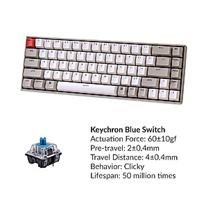 Keychron K6 Hot-Swappable Wireless Mechanical Keyboard for Mac, 65% Compact 68 Keys, Bluetooth, Multitasking, Type-C Wired Gaming Keyboard for Windows Non-Backlit with Keychron Blue Switch