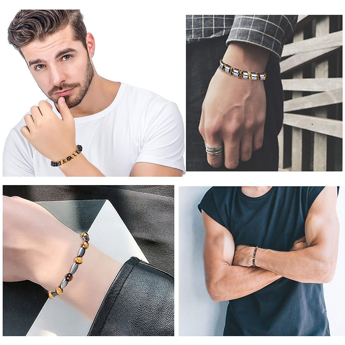 Jstyle 4Pcs Bead Bracelet for Men Women 8mm Tiger Eye Stone Beads Bracelet Elastic Natural Stone Bracelet Bangle