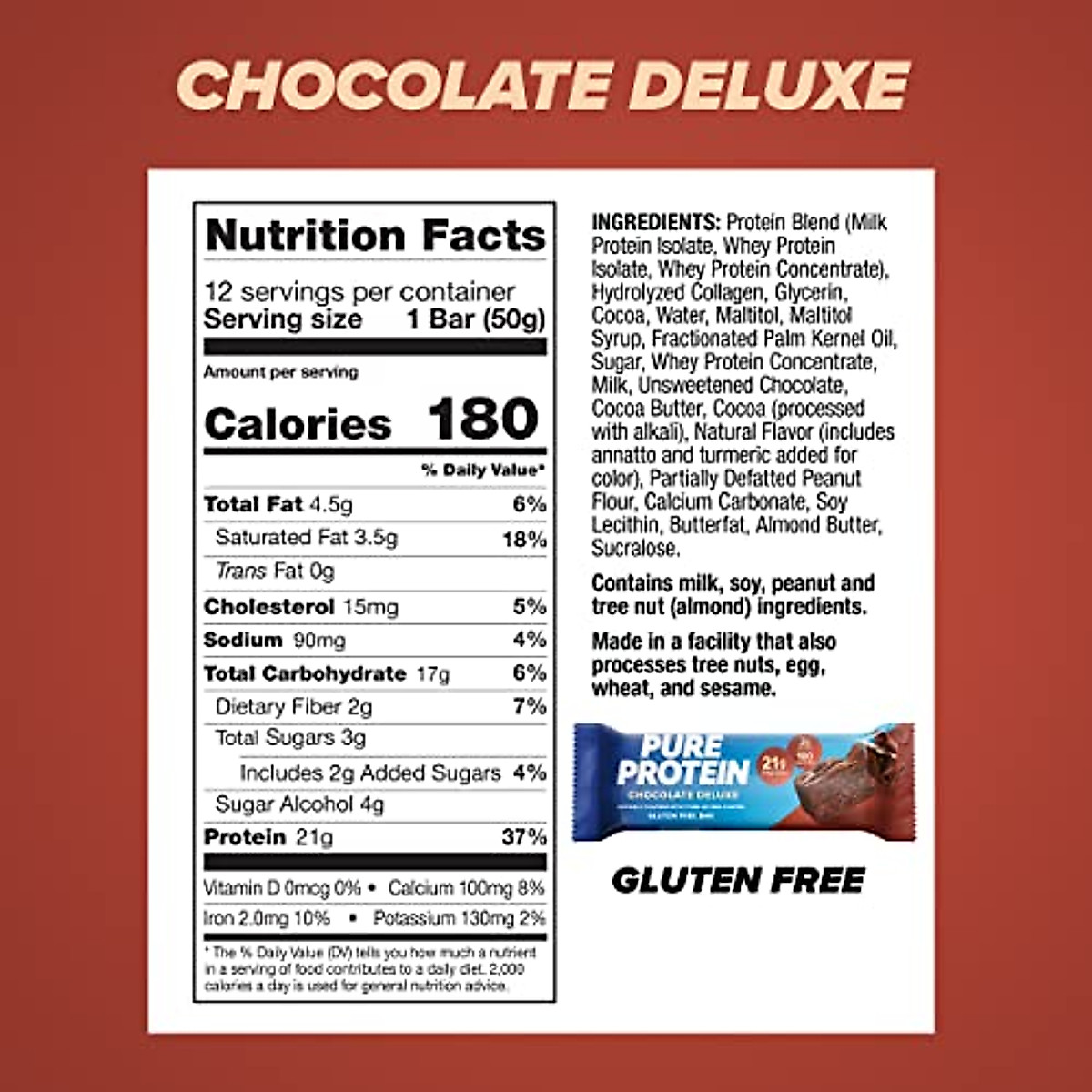 Pure Protein Bars, High Protein, Nutritious Snacks to Support Energy, Low Sugar, Gluten Free, Chocolate Deluxe, 1.76 oz., 12 Count(Pack of 1) (Packaging may vary)