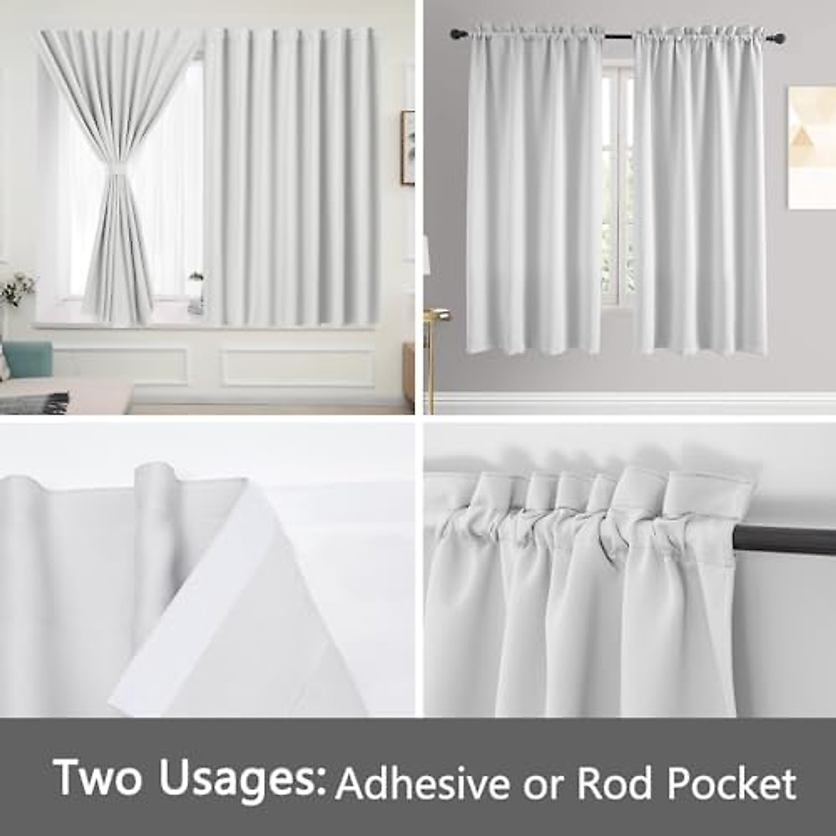 Muamar 2pcs Self Adhesive Small Blackout Curtains with Tiebacks,Portable Curtains for Kitchen Window,Cabinet Curtains Rental Curtains for Privacy Protect White 34" W X 36" L