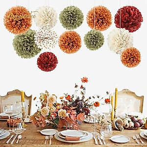 NICROLANDEE Fall Party Decorations, 12 PCS Pumpkin Orange Burgundy Sage Green Ivory Tissue Pom Poms Thanksgiving Decor for Home, Wedding, Birthday, Autumn Harvest Party Supplies