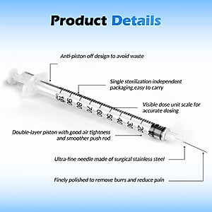 1ml 29 Gauge Syringes 1cc 1/2 Inch 13mm Lab Disposable Syringe for Refilling or Dispensing, Pack of 100