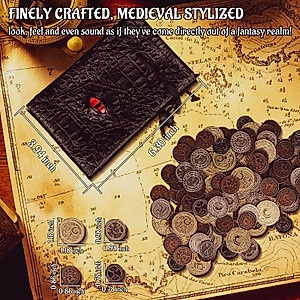 DND Metal Coins Set of 60 with Leather Pouch - Gaming Tokens, Pirate Treasure, Accessories & Props for Board Games, Dungeons and Dragons, Tabletop RPGs and LARP