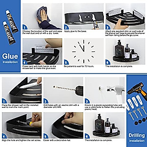 Shower Corner Shelf, Adhesive Black Shower Caddy Wall Mounted, Non-drilled Kitchen Rack Bathroom Corner Shelf with Hooks, Aluminum Storage Shelves for Bathroom, 2-pack Paste or Driling