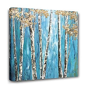 Yihui Arts Tree Canvas Wall Art for Home Decor 3D Hand Painted Blue Forest Pictures for Living Room Bedroom Stretched and Framed Ready to Hang(20Wx20L)
