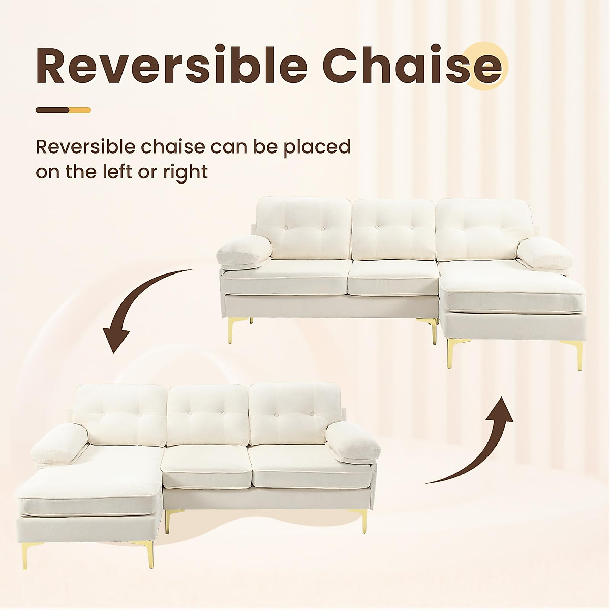 YOUDENOVA 82.7" L Shape Convertible Sectional Sofa, Comfy Chenille Sofa Couch for Living Room with Reversible Chaise, 3-Seat Modern Couch with Removable Cushion for Small Spaces (Beige)