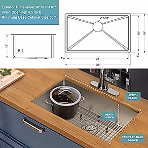SR SUN RISE 30 Inch Kitchen Sink, Undermount Single Bowl Kitchen Sink, 16 Gague 304 Stainless Steel Sink with Roll Up Dish Drying Drainer & Strainer & Bottom Grid, 30"×18"×10"