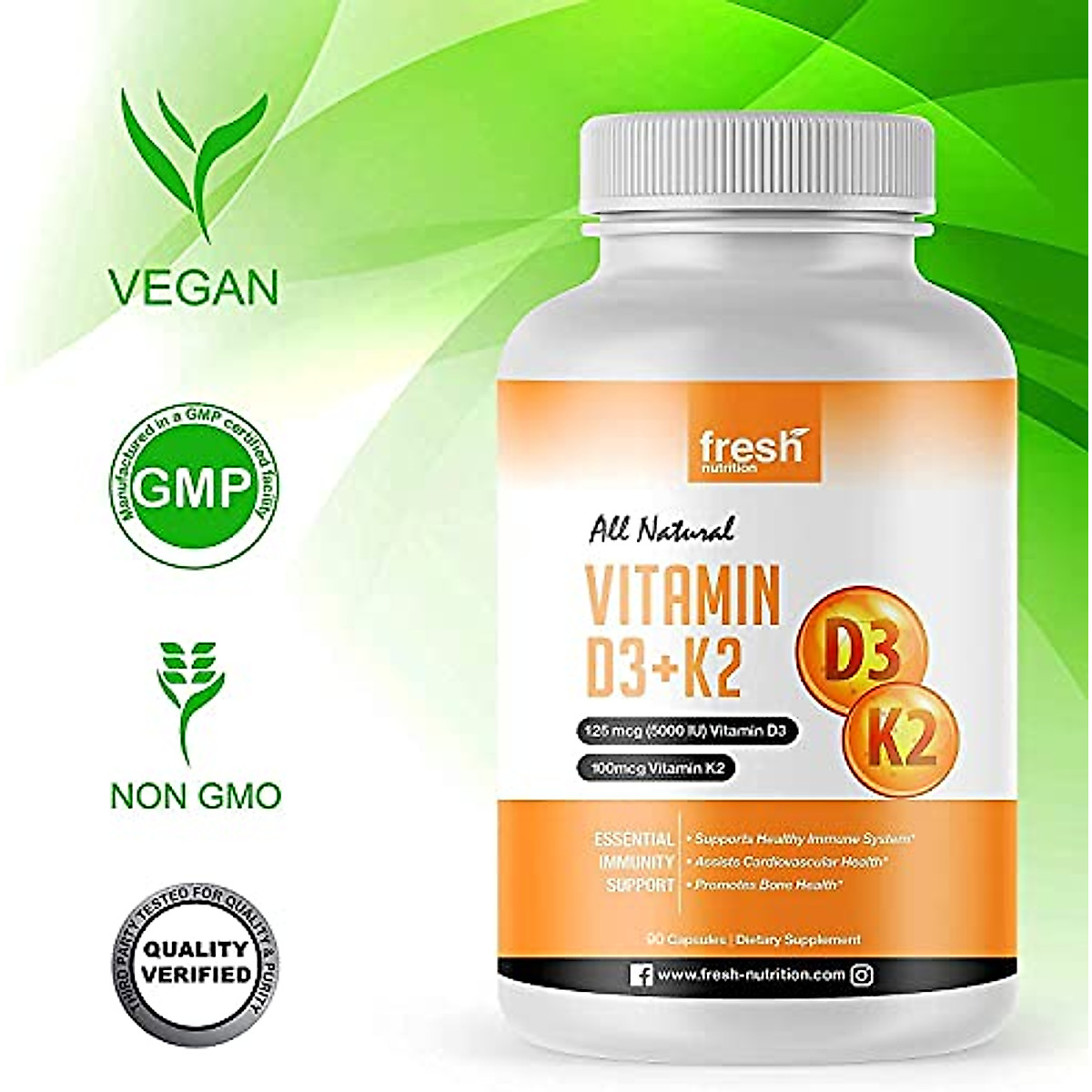 Vegan Vitamin D3 (5000iu/125mcg) + Vitamin K2 (100mcg as MK-7) for Optimal Absorption (90 Capsules 5000iu Each - 3 Month Supply) - Plant Based Vitamin D3 K2 Supplement - Non GMO, Gluten Free - Adults