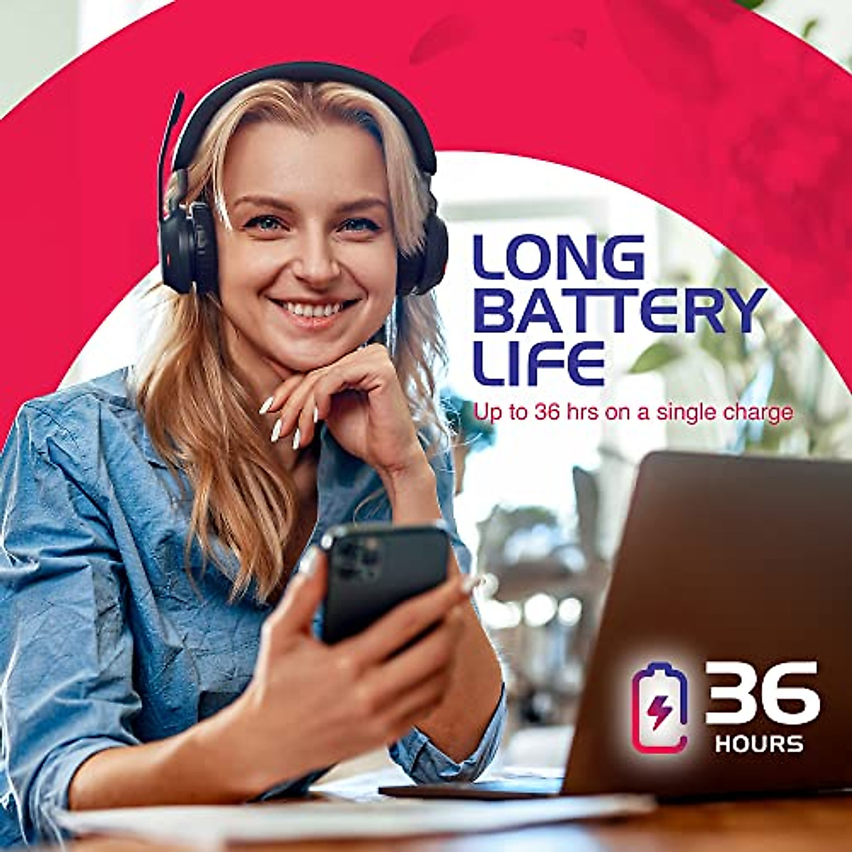 Jabra Evolve2 65 Wireless Bluetooth Headset Stereo UC - USB Blue Tooth Dongle, Compatible with Zoom, Webex, Smartphones, Tablets, PC/MAC, 26599-989-999 (Black), Global Teck Gold Support Plan Included