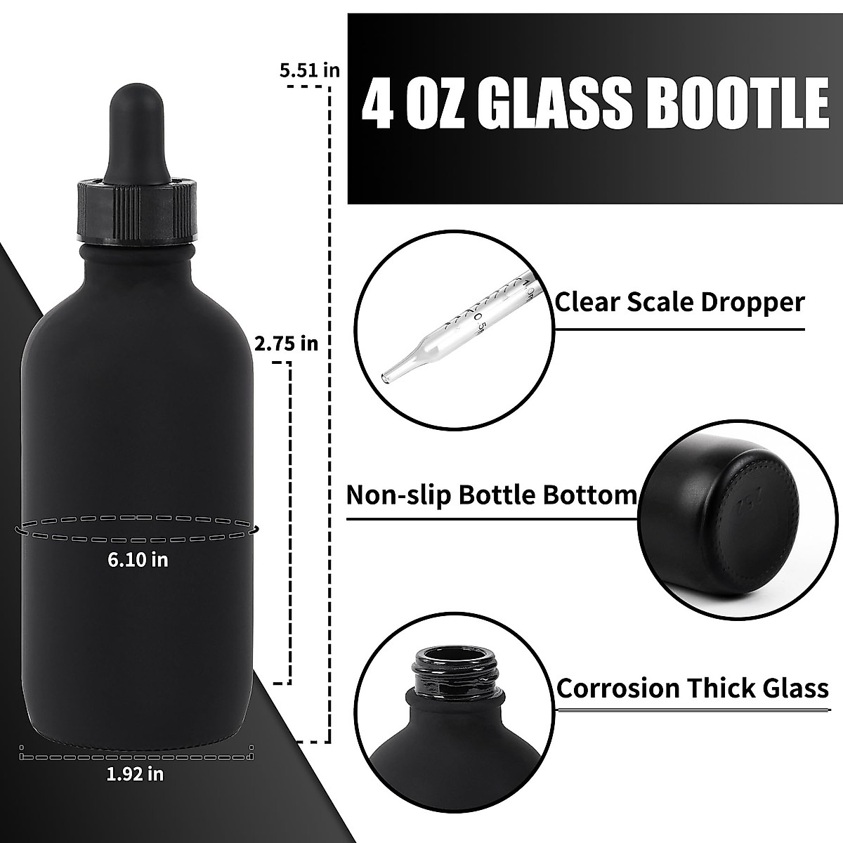 SprayDroplet 2 Pcs, 4oz Dropper Bottle, Glass Leakproof Tincture Bottles with Dropper, Black Reusable Eye Dropper Bottle, Preety Frosted Texture, for All Kinds of Liquids (Black-Frosted, 4oz-2pcs)