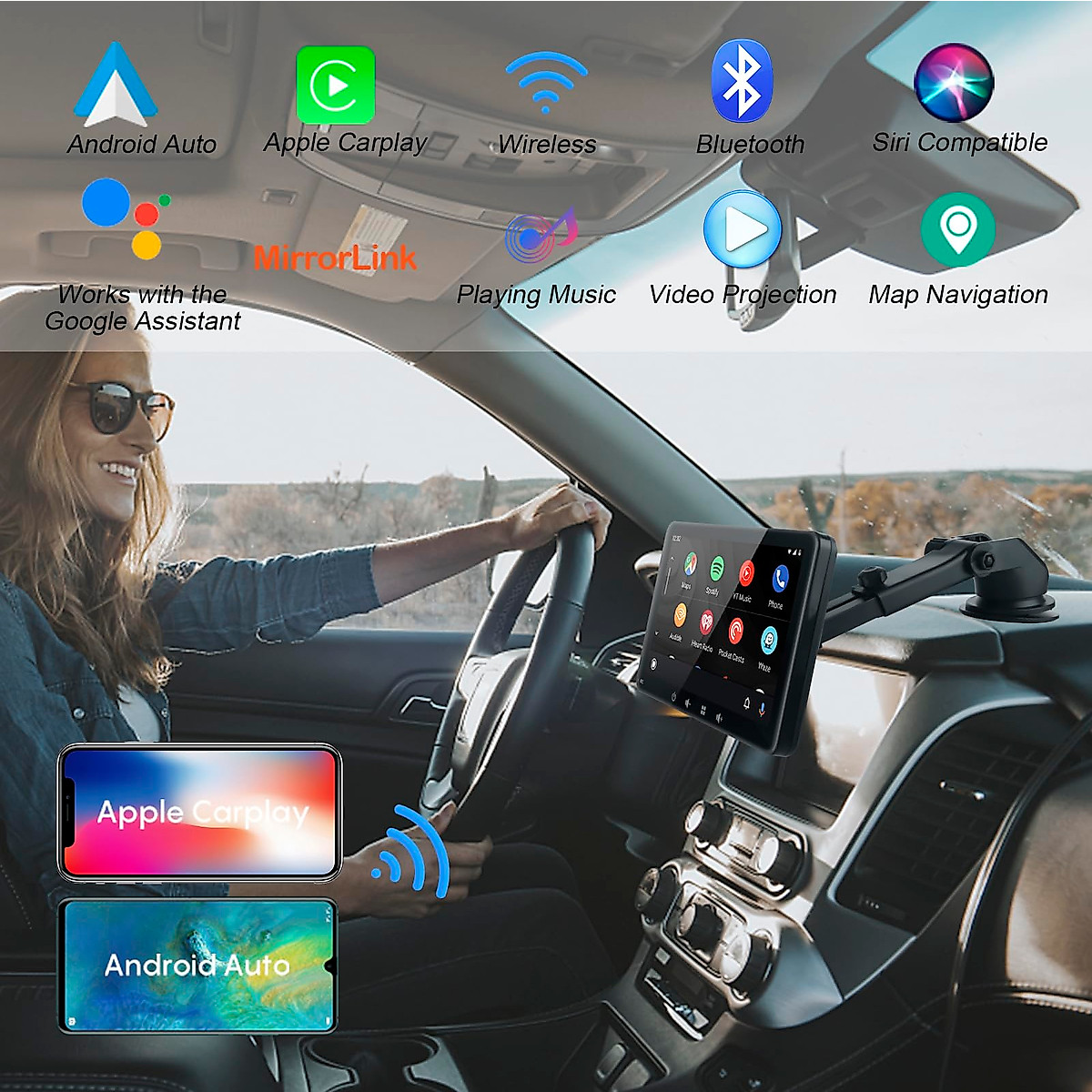 Portable Car Stereo with Wireless Carplay and Android Auto - 7" Touchscreen Car Radio with Mirror Link: Support Bluetooth |USB | AUX | TF (with12 V Camera)