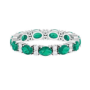 Rosec Jewels Natural Emerald Wedding Band for Women, AAA Quality, Certified Emerald Diamond Full Eternity Ring - Ready To Gift, 14K White Gold, Size:US 6.50