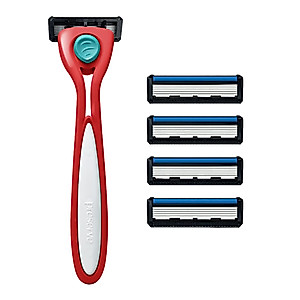 Preserve Shave 5 Five Blade Refillable Razor, Made from Recycled Materials, Poppy Red and Preserve Five Blade Wave Replacement Cartridges for Preserve Shave Five Recycled Razor (4 Count) Bundle