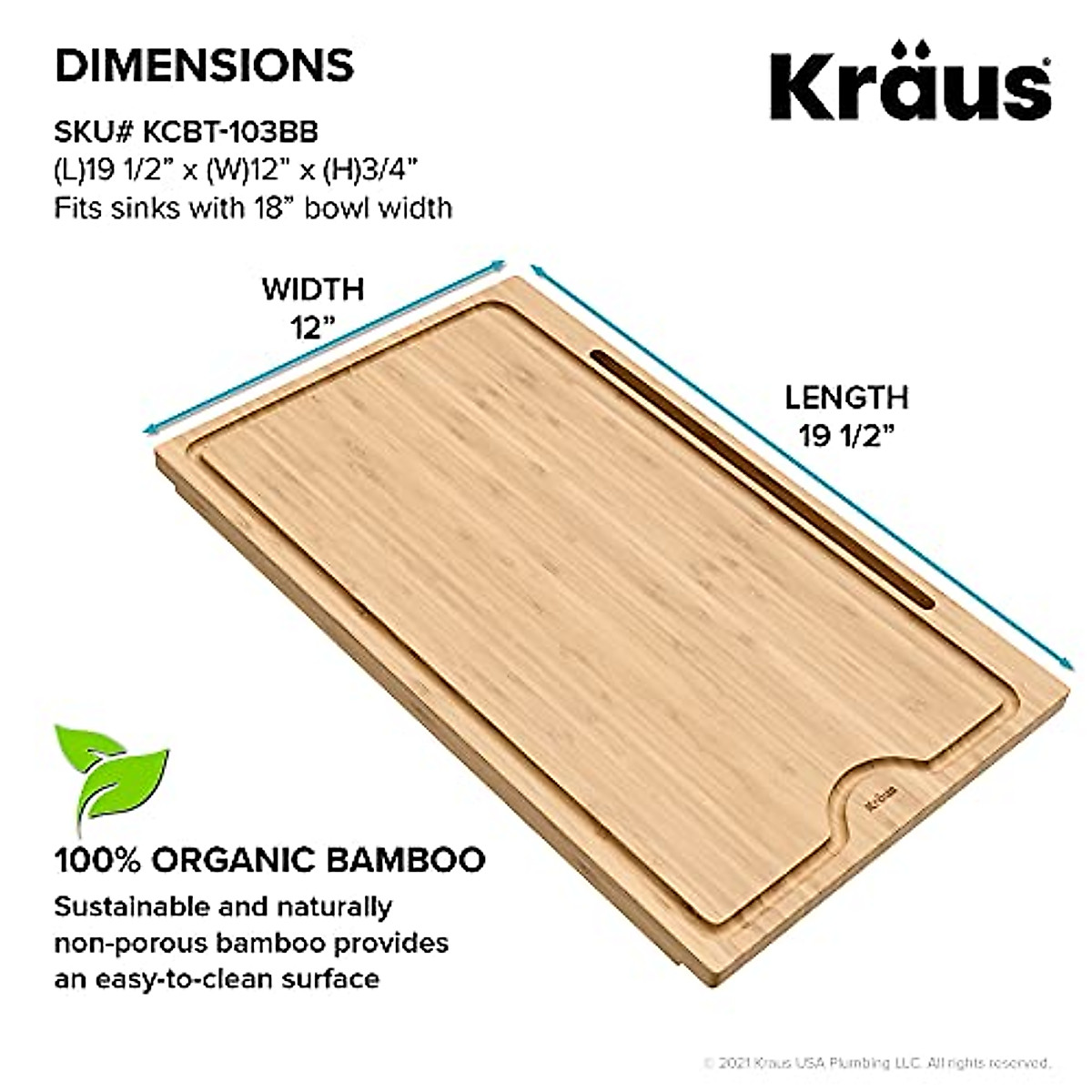 Kraus Solid Bamboo Cutting Board with Mobile Device Holder for Standard Kitchen Sink or Countertop (19 1/2 in. x 12 in.), KCBT-103BB