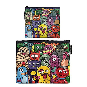 ODDS N TOTES Funny Monsters Jumbo Zipper Pouch Made from Recycled Plastic & Soft Canvas Zipper Pouch (Bundle Pack of 2)