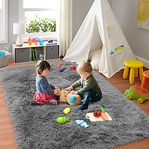 RUGTUDER Grey Soft Area Rug for Bedroom,8x10,Big Fluffy Furry Shaggy Fuzzy Rug,Shag Carpet for Living Room ,Baby Room, Girls Boys Room,Dorm Nursery Room Rug for Kids ,Non-Slip Rug