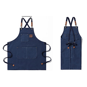 Cotton Canvas Apron Cross Back Apron with Pockets for Women and Men,Kitchen Cooking Baking Bib Apron Chef Apron (Blue)
