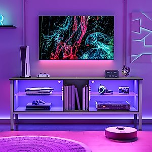Bestier Gaming Entertainment Center for 65+ Inch TV with LED Lights & Adjustable Glass Shelves, Modern TV Stand Media Console, Fits TVs up to 75 Inch, Black Carbon Fiber Ideal for Living Room
